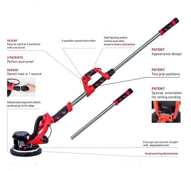 CE/GS/ETL approved self-vacuum drywall sander with LED and strechable ...